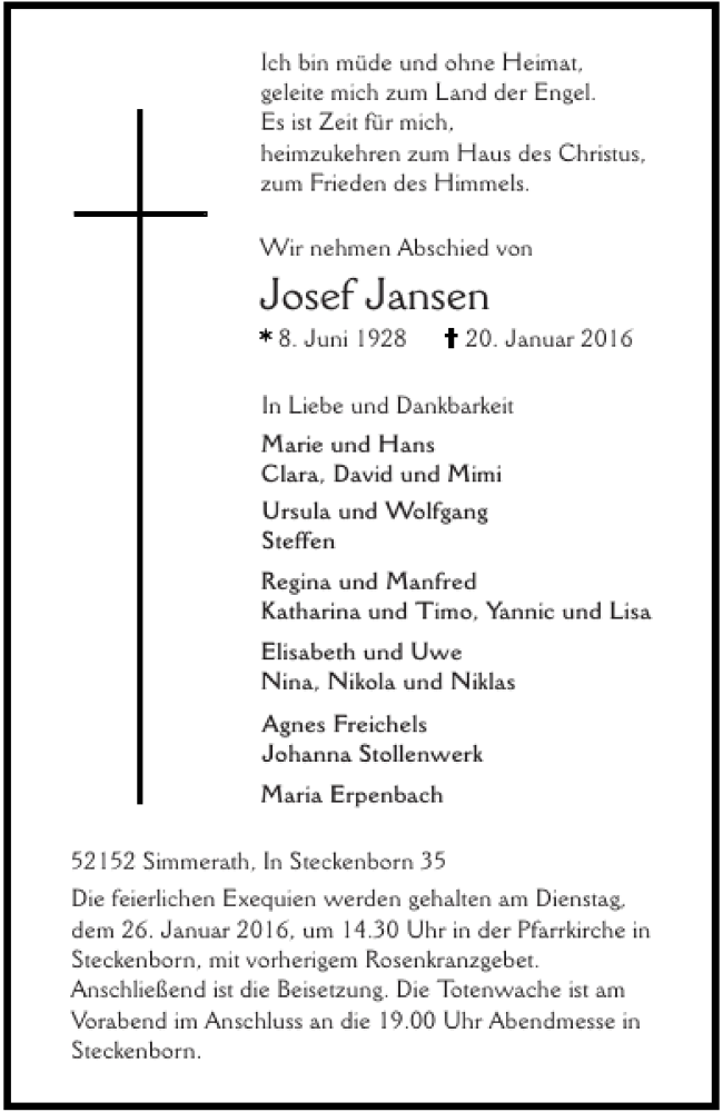 Traueranzeigen von Josef Jansen | Aachen gedenkt