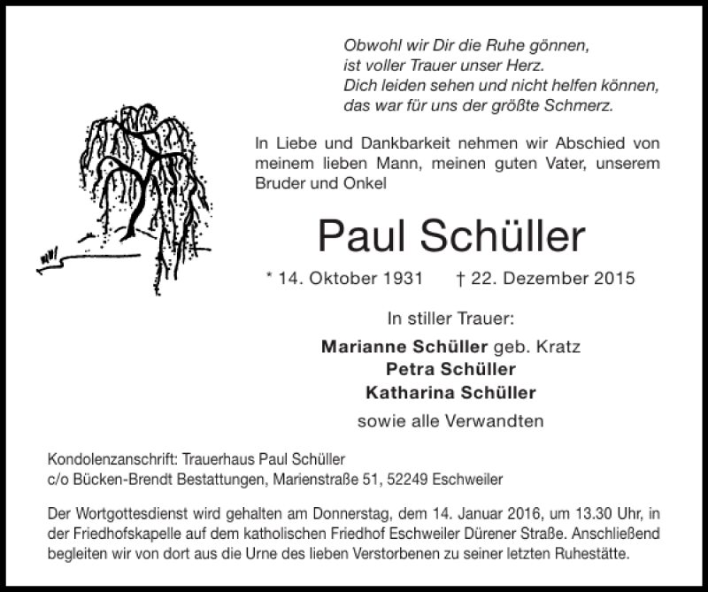 Traueranzeigen von Paul Schüller | Aachen gedenkt