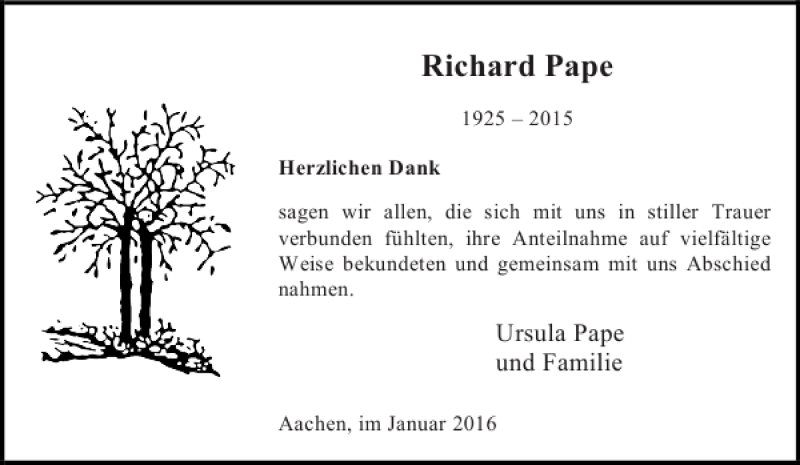 Traueranzeigen von Richard Pape | Aachen gedenkt
