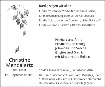 Traueranzeigen von Christine Mandelartz | Aachen gedenkt