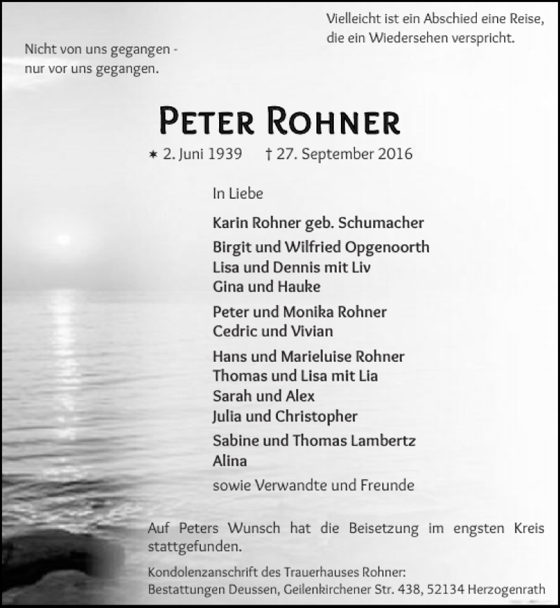 Traueranzeigen von Peter Rohner | Aachen gedenkt