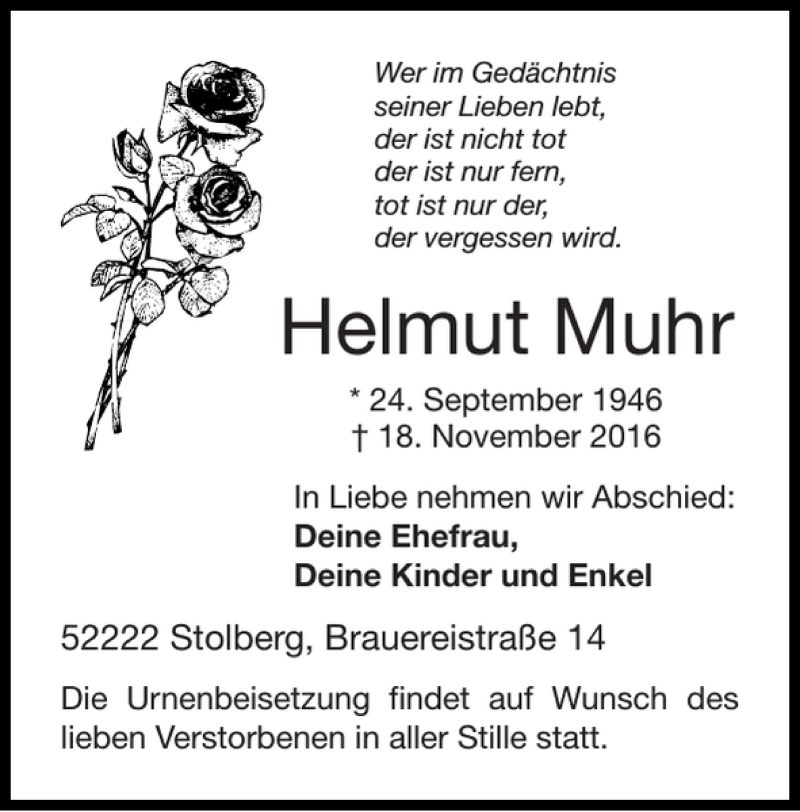 Traueranzeigen von Helmut Muhr | Aachen gedenkt