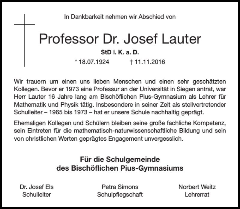 Traueranzeigen von Professor Dr. Josef Lauter | Aachen gedenkt
