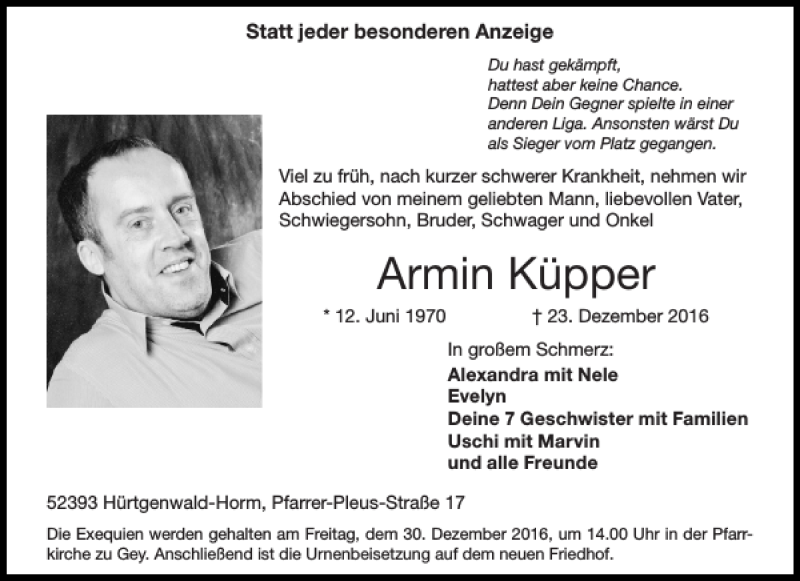 Traueranzeigen von Armin Küpper | Aachen gedenkt