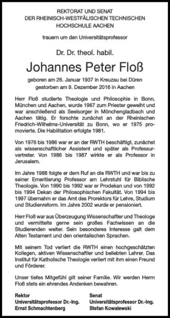 Traueranzeigen von Johannes Peter Floß | Aachen gedenkt