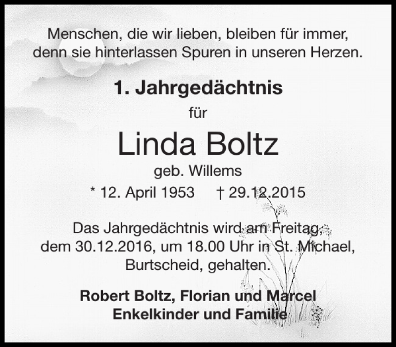 Traueranzeigen von Linda Boltz | Aachen gedenkt