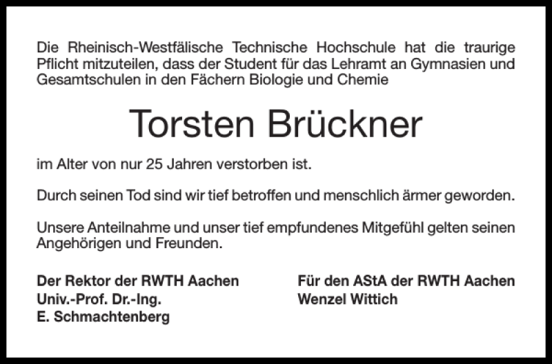 Traueranzeigen von Torsten Brückner | Aachen gedenkt