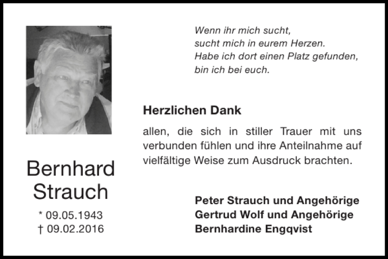 Traueranzeigen von Bernhard Strauch | Aachen gedenkt