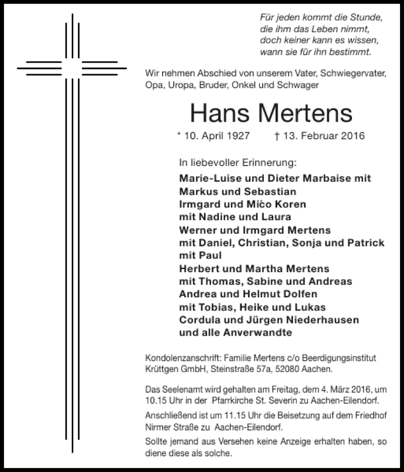 Traueranzeigen von Hans Mertens | Aachen gedenkt