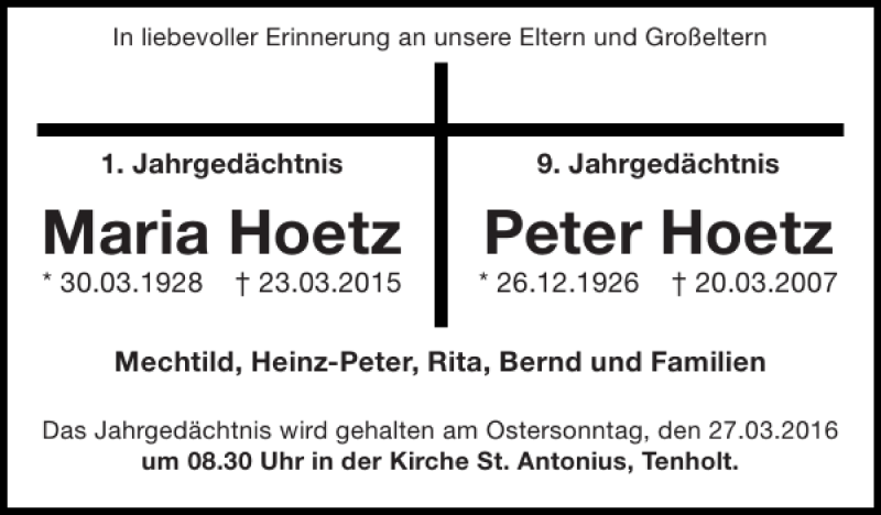 Traueranzeigen von Maria Hoetz Peter Hoetz | Aachen gedenkt