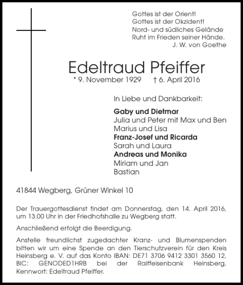 Traueranzeigen von Edeltraud Pfeiffer | Aachen gedenkt