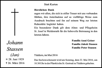 Traueranzeigen von Johann Stassen | Aachen gedenkt