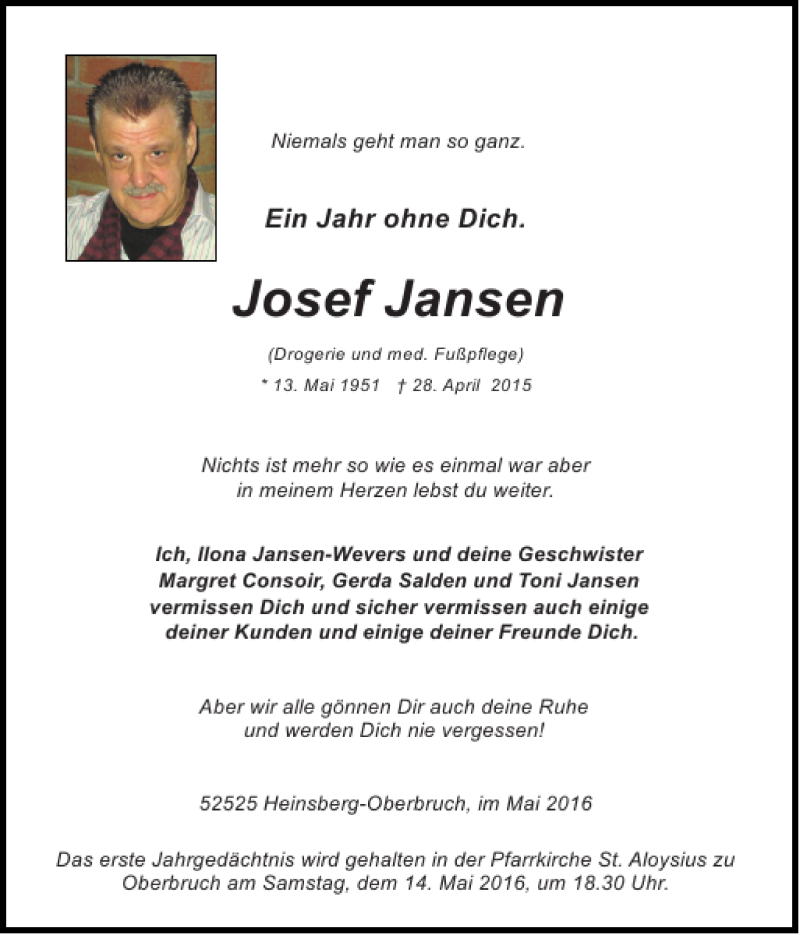Traueranzeigen von Josef Jansen | Aachen gedenkt