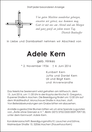 Traueranzeigen von Adele Kern | Aachen gedenkt