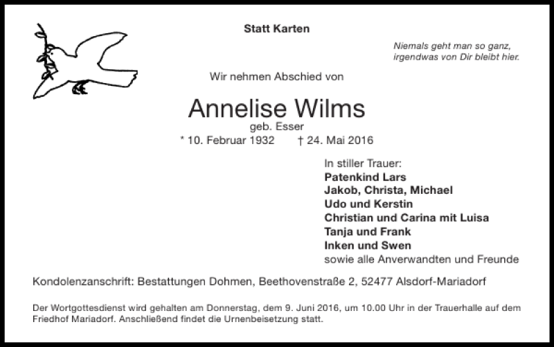 Traueranzeigen von Annelise Wilms | Aachen gedenkt