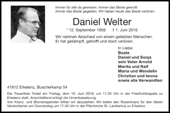 Traueranzeigen von Daniel Welter | Aachen gedenkt