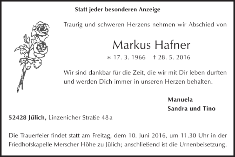 Traueranzeigen von Markus Hafner | Aachen gedenkt Traueranzeigen von Markus Hafner | Aachen gedenkt