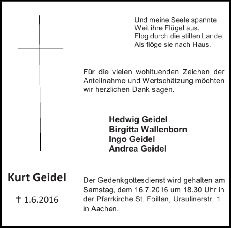 Traueranzeigen von Kurt Geidel | Aachen gedenkt