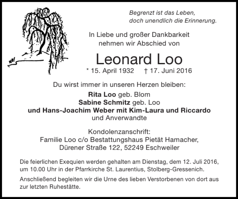 Traueranzeigen von Leonard Loo | Aachen gedenkt