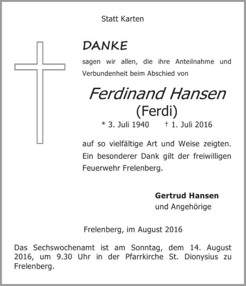 Traueranzeigen von Ferdinand Hansen | Aachen gedenkt