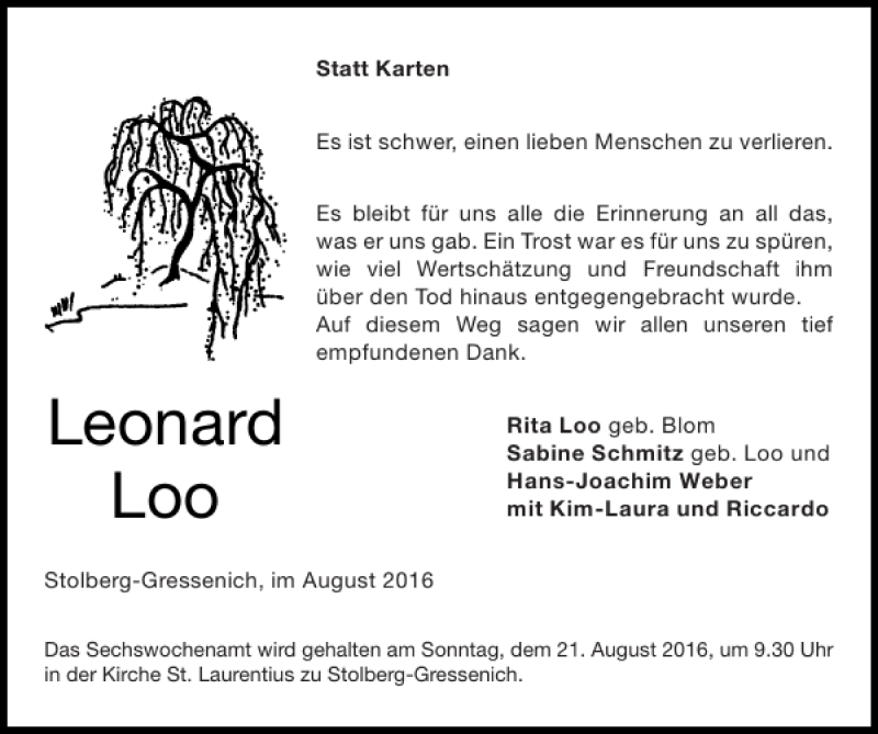 Traueranzeigen von Leonard Loo | Aachen gedenkt