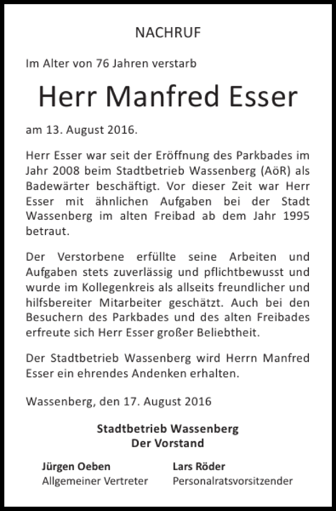 Traueranzeigen von Manfred Esser | Aachen gedenkt Traueranzeigen von Manfred Esser | Aachen gedenkt