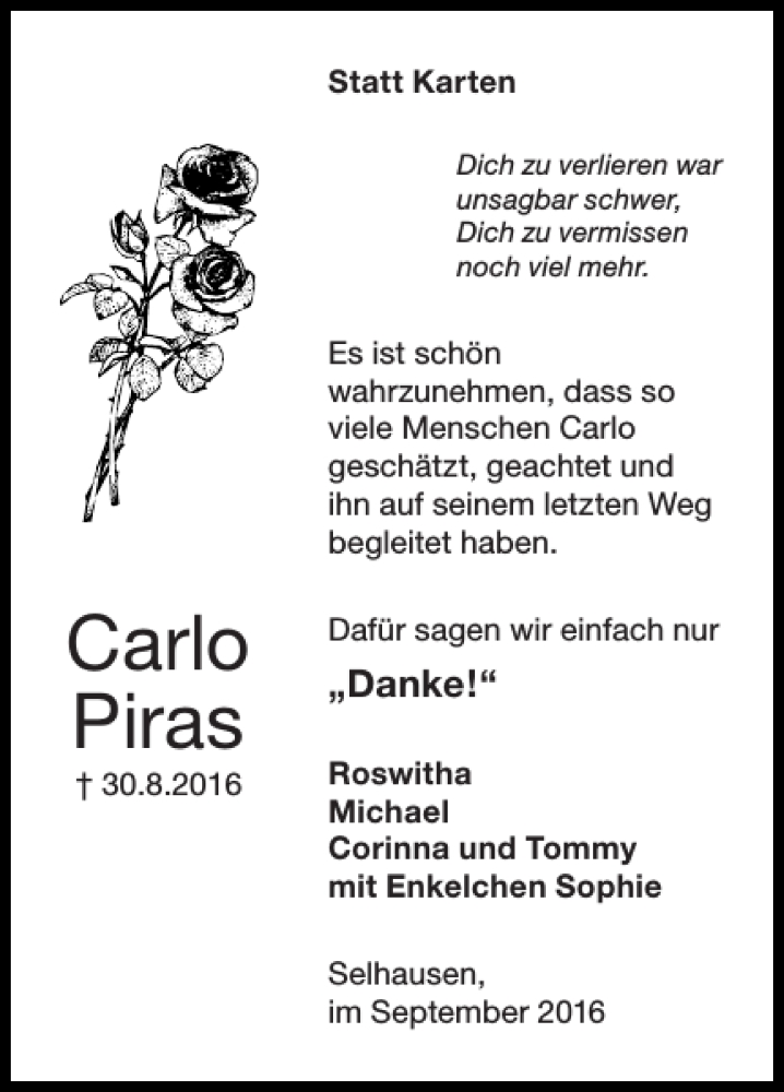 Traueranzeigen von Carlo Piras | Aachen gedenkt