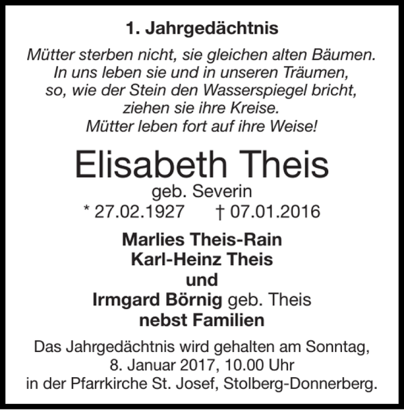 Traueranzeigen von Elisabeth Theis | Aachen gedenkt