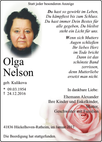 Traueranzeigen von Olga Nelson | Aachen gedenkt