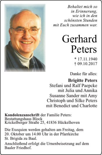 Traueranzeigen von Gerhard Peters | Aachen gedenkt