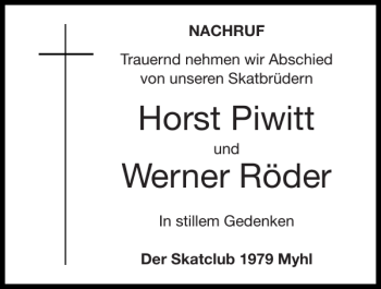 Traueranzeigen von Horst Piwitt Werner Röder | Aachen gedenkt
