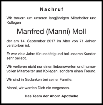 Traueranzeigen von Manfred Manni Moll | Aachen gedenkt