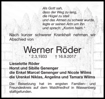 Traueranzeigen von Werner Röder | Aachen gedenkt