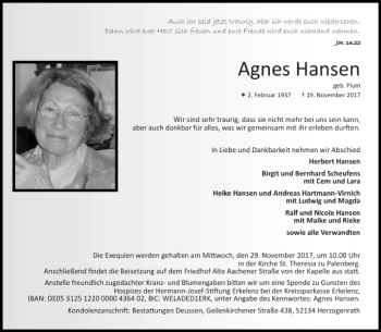 Traueranzeigen von Agnes Hansen | Aachen gedenkt