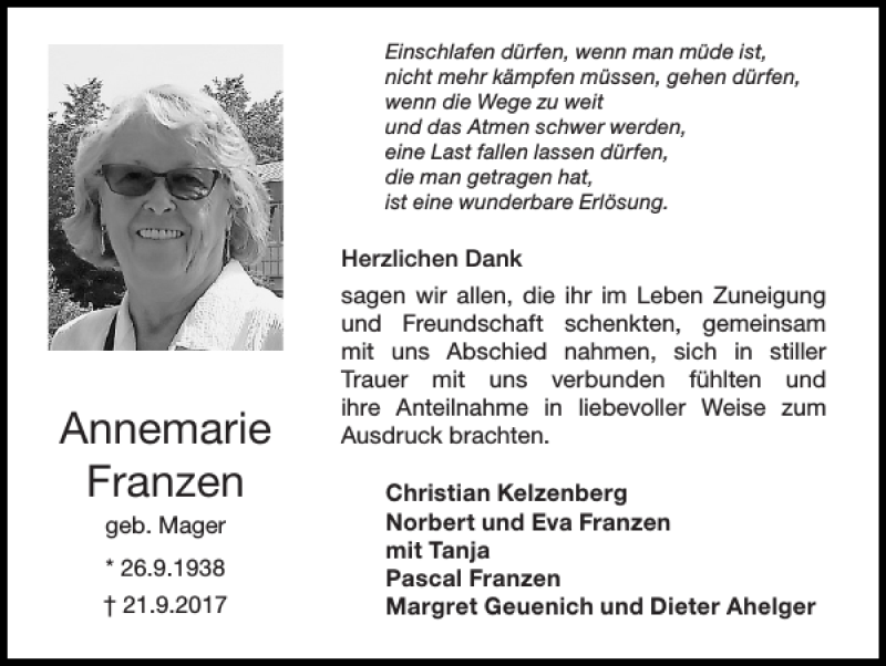 Traueranzeigen von Annemarie Franzen | Aachen gedenkt