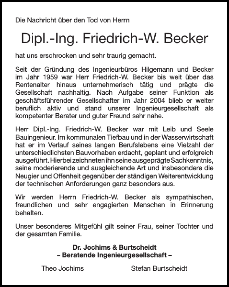 Traueranzeigen von Dipl.-Ing. Friedrich-W. Becker | Aachen gedenkt Traueranzeigen von Dipl.-Ing. Friedrich-W. Becker | Aachen gedenkt