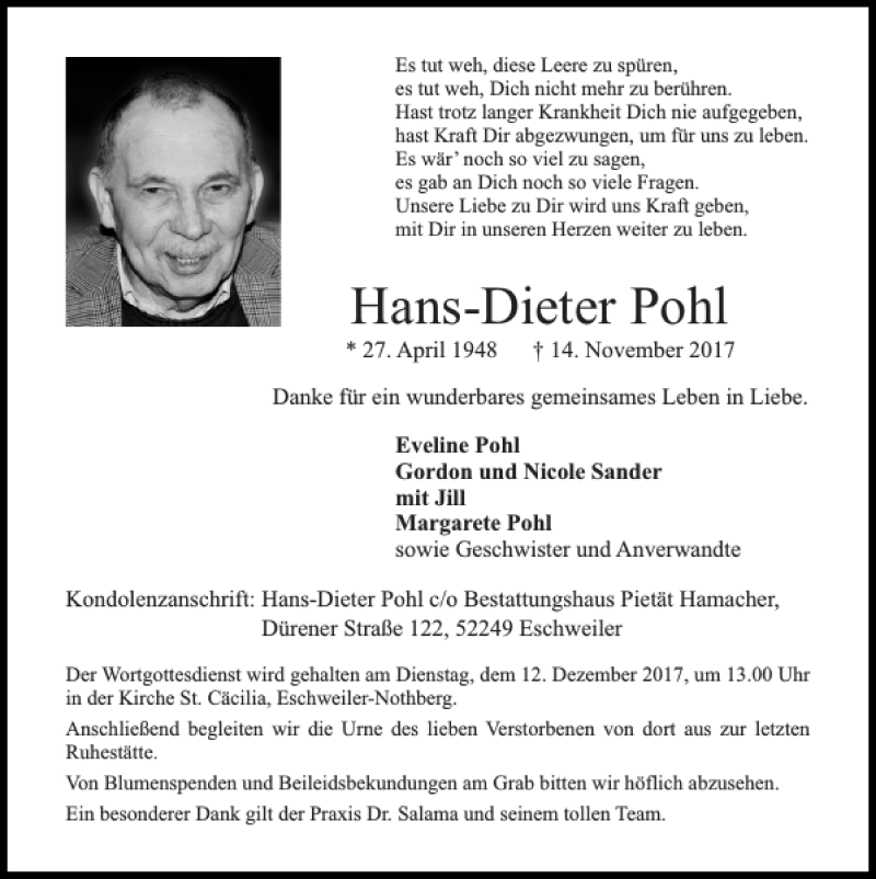 Traueranzeigen von Hans-Dieter Pohl | Aachen gedenkt