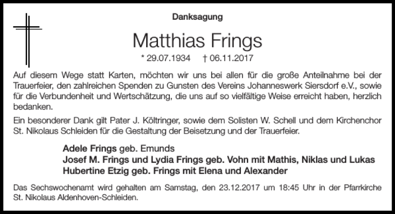 Traueranzeigen von Matthias Frings | Aachen gedenkt