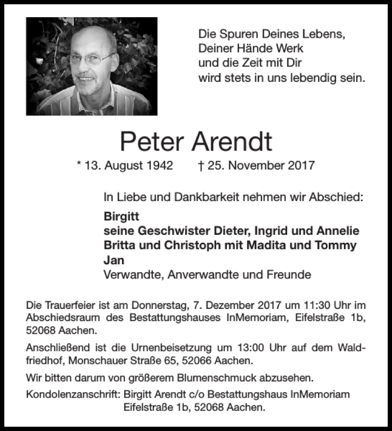 Traueranzeigen von Peter Arendt | Aachen gedenkt