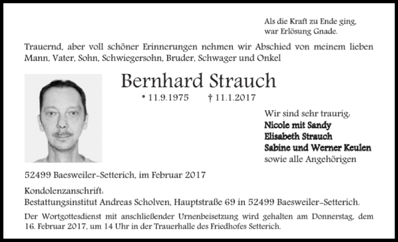 Traueranzeigen von Bernhard Strauch | Aachen gedenkt