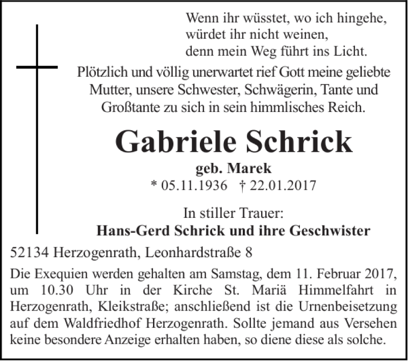 Traueranzeigen von Gabriele Schrick | Aachen gedenkt Traueranzeigen von Gabriele Schrick | Aachen gedenkt