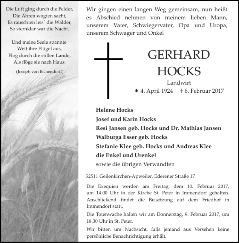 Traueranzeigen von Gerhard Hocks | Aachen gedenkt