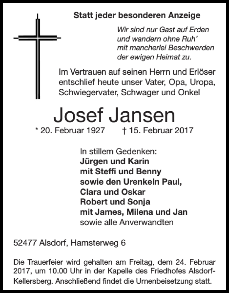 Traueranzeigen von Josef Jansen | Aachen gedenkt