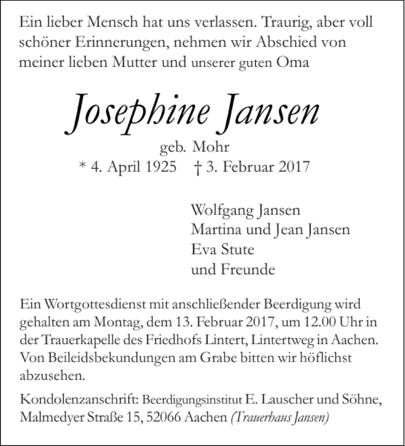 Traueranzeigen von Josephine Jansen | Aachen gedenkt Traueranzeigen von Josephine Jansen | Aachen gedenkt