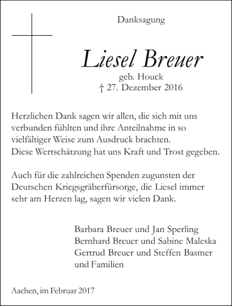 Traueranzeigen von Liesel Breuer | Aachen gedenkt Traueranzeigen von Liesel Breuer | Aachen gedenkt