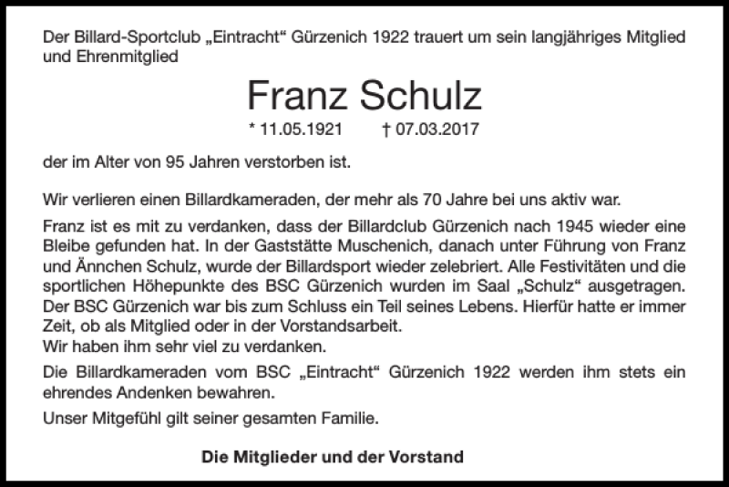 Traueranzeigen von Franz Schulz | Aachen gedenkt