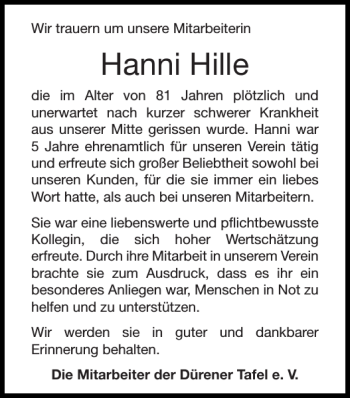 Traueranzeigen von Hanni Hille | Aachen gedenkt