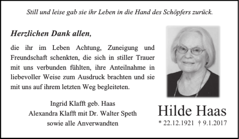 Traueranzeigen von Hilde Haas | Aachen gedenkt
