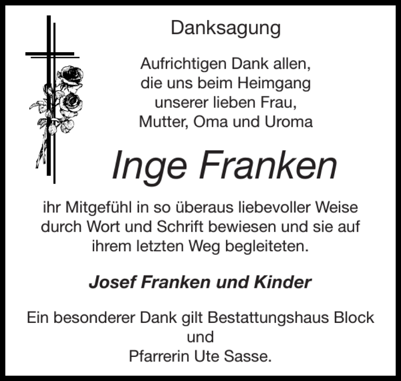 Traueranzeigen von Inge Franken | Aachen gedenkt