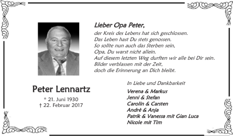 Traueranzeigen von Peter Lennartz | Aachen gedenkt